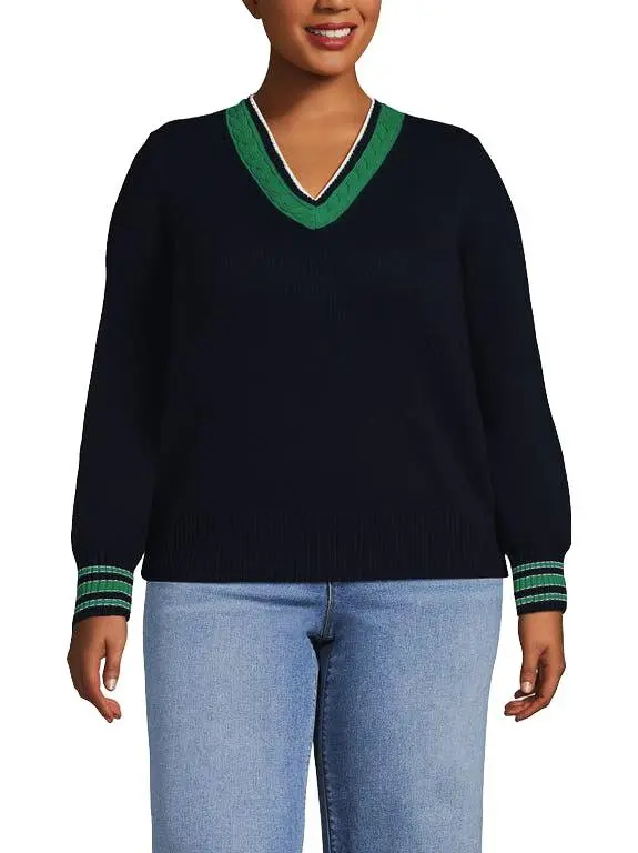 LANDS' END V-neck Cotton Sweater - Navy/clover Tipping