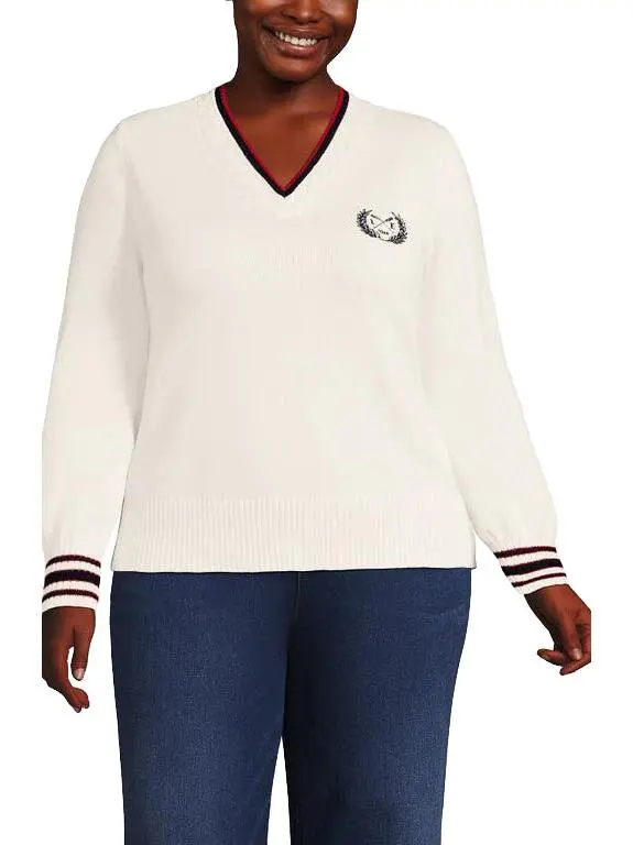 LANDS' END V-neck Cotton Sweater - Red/navy Tipping