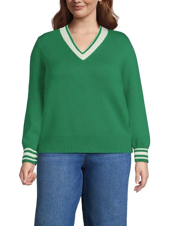 LANDS' END V-neck Cotton Sweater - Vibrant Clover/ivory Tipping