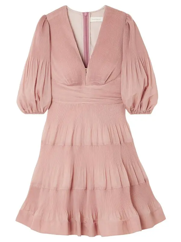 Zimmermann Tiered Plissé Silk-organza Mini Dress - Pink