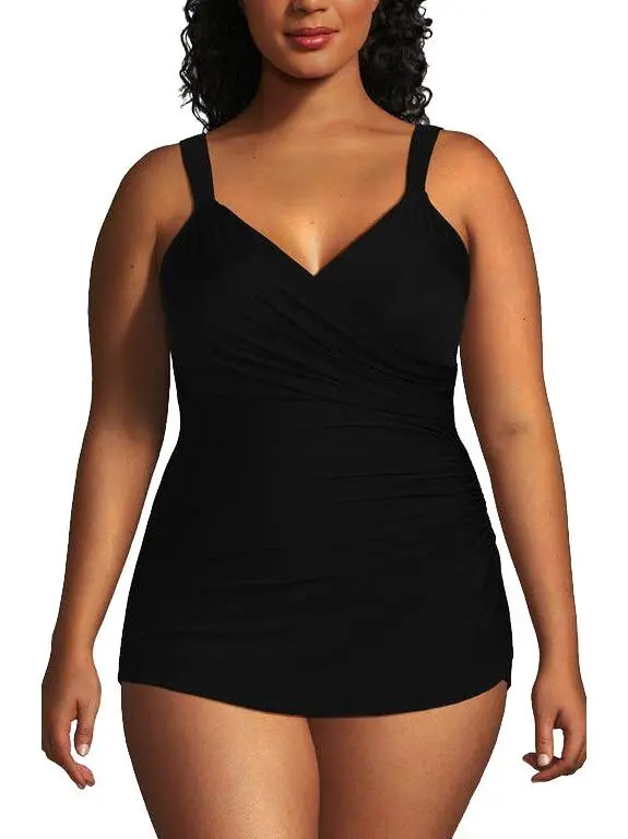 LANDS' END Dd-cup Slendersuit V-neck Skirted One-piece Swimsuit - Black