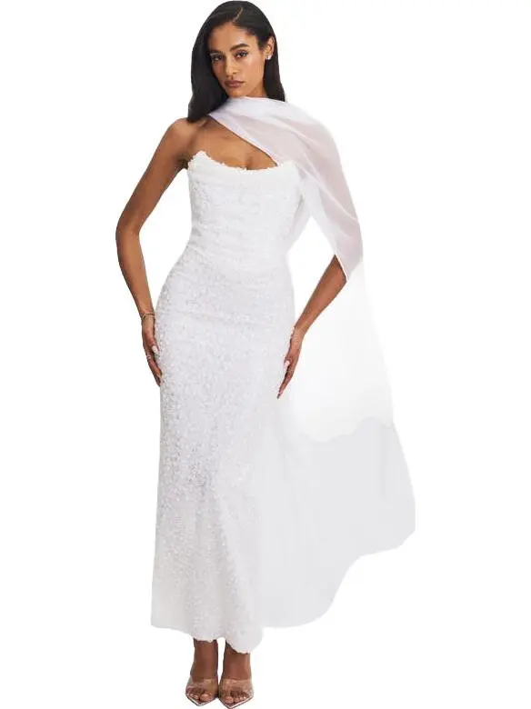MISS CIRCLE Myra Beaded Mesh Strapless Maxi Dress - White