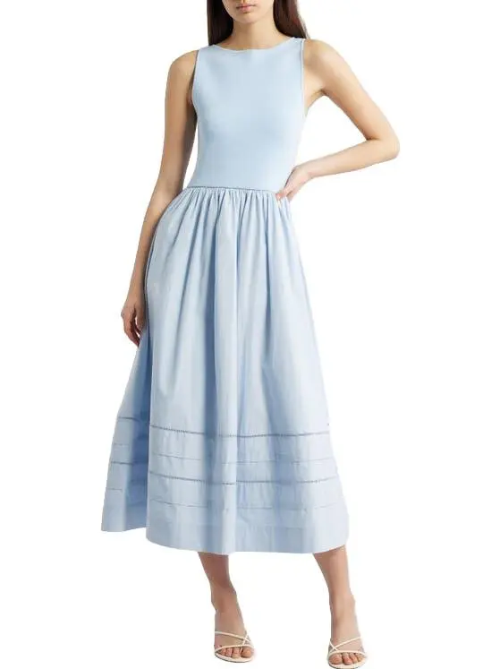 Moon River Sleeveless Mixed-media Midi Dress - Light Blue