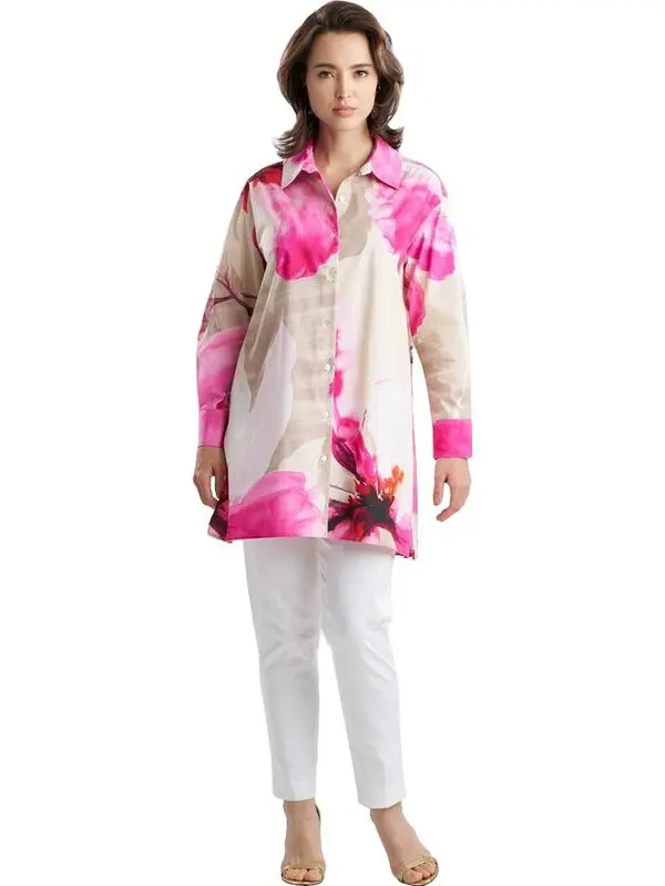 Natori Orchid Cotton Poplin Oversized Button-down Shirt - Pink