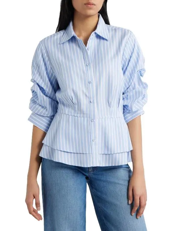 Wit & Wisdom Pinstripe Tiered Peplum Shirt - Oxford Blue/off White