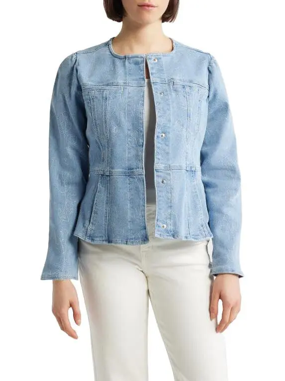 Wit & Wisdom Embroidered Peplum Denim Jacket - Light Blue