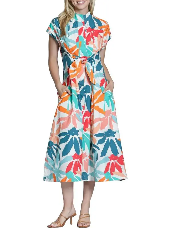 APNY Floral Tie Front Cotton Dress - Hot Coral Multi