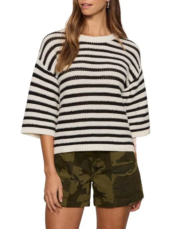 Sanctuary Elle Stripe Crochet Knit Sweater - Black/chalk White