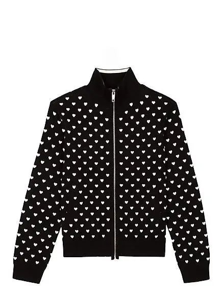The Kooples Zipped Heart-print Knitted Cardigan - Black-ecru