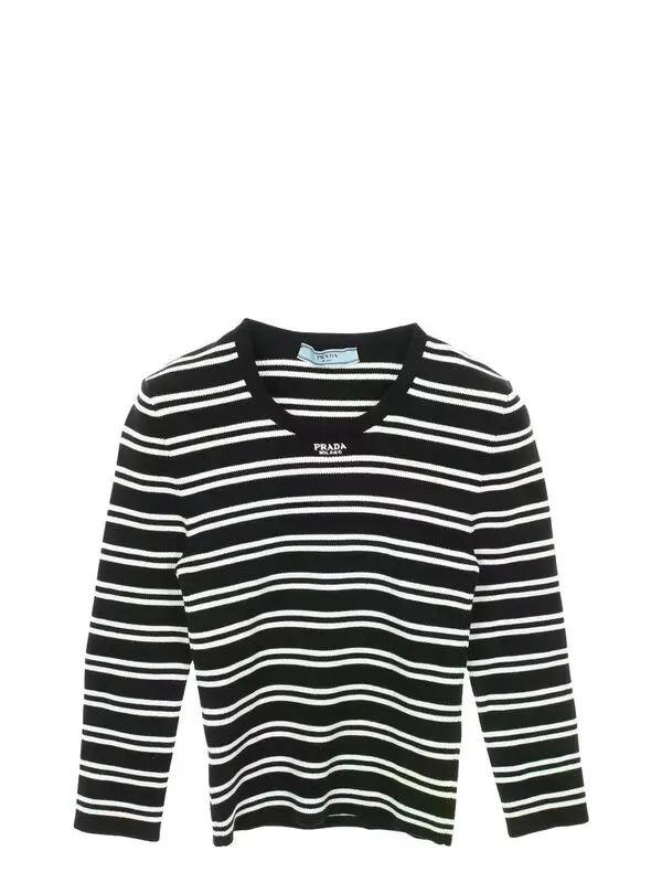 Prada Logo Embroidery Striped Top - Black