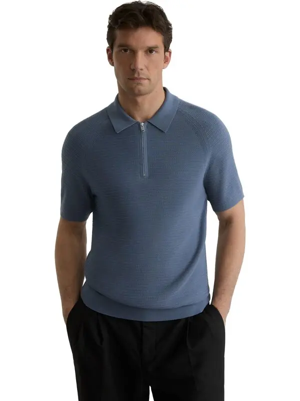 REISS Estate Textured-knit Half-zip Polo Shirt - Airforce Blue