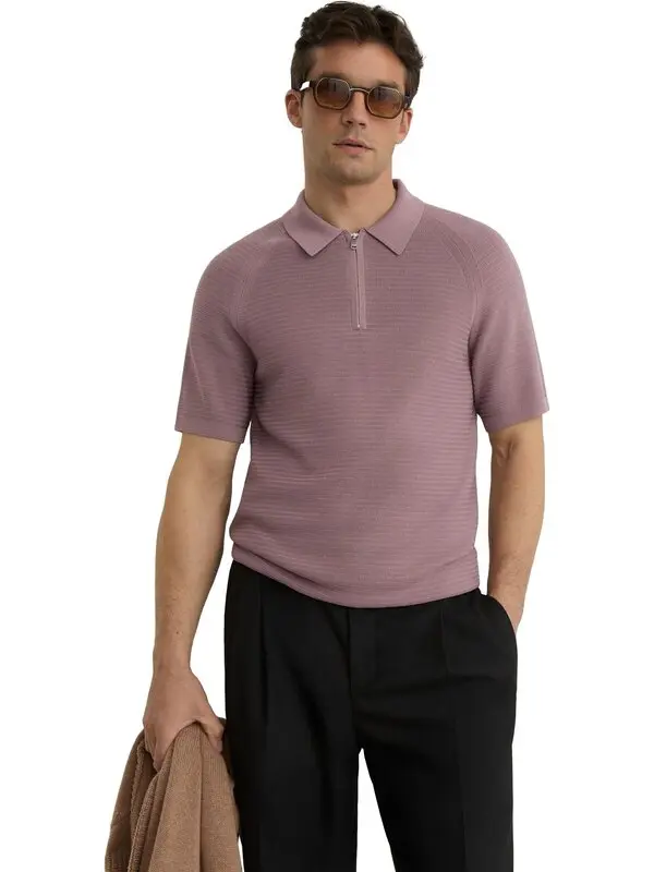 REISS Estate Textured-knit Half-zip Polo Shirt - Plum