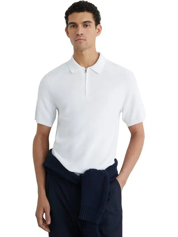 REISS Estate Textured-knit Half-zip Polo Shirt - White
