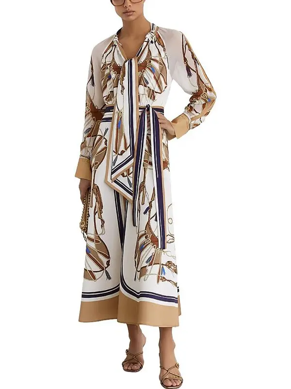 REISS Ellie Placement Scarf Print Midi Dress - Ivory/neutral