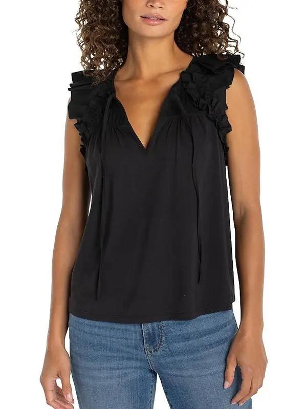 LIVERPOOL Flutter Sleeve Top With Pintuck Detail - Black Print