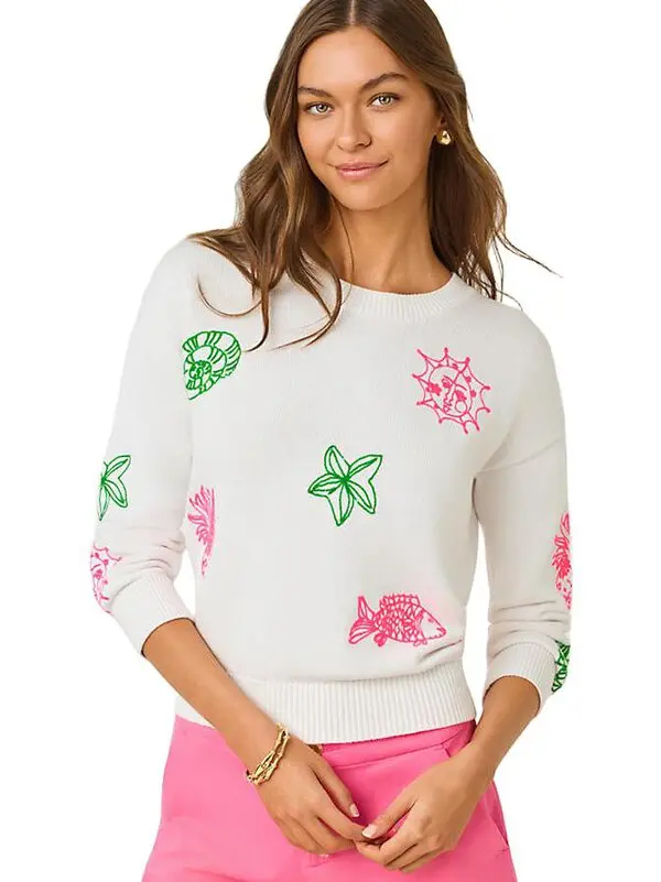 LILLY PULITZER Tensley Embroidered Sweater - Resort White Fleur De Lilly Embroidery