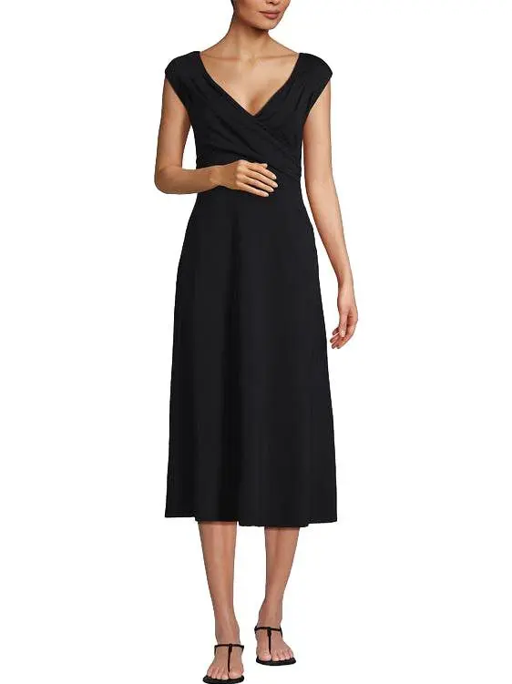 LANDS' END Cotton Modal Off-the-shoulder Wrap Midi Dress - Black