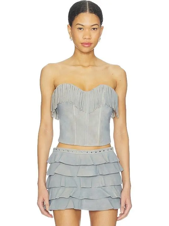 LAMARQUE X Gianni Fringed Suede Bustier Top - Distressed Blue