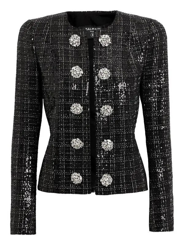 Balmain Sequin-embellished Checked Tweed Jacket - Black