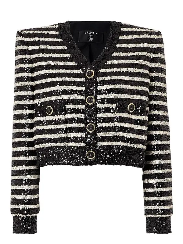 Balmain Striped Sequin-embellished Cady Jacket - Black