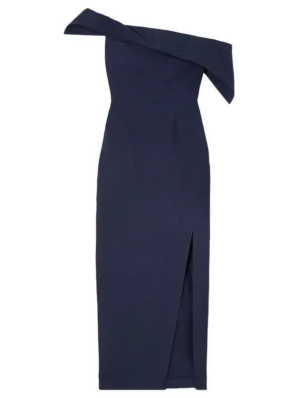Roland Mouret One-shoulder Wool And Silk-blend Crepe Gown - Navy