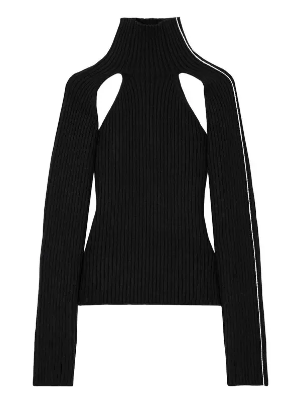 PETER DO Raglan Cutout Ribbed Wool Sweater - Black