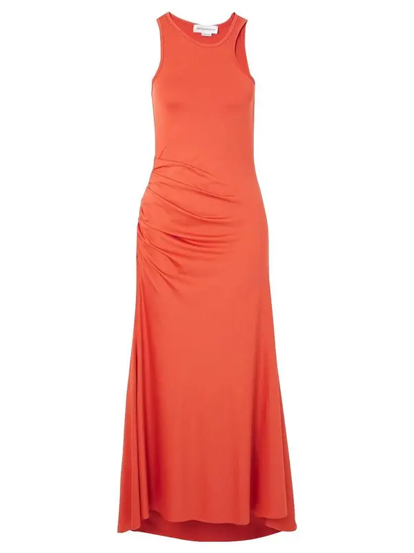 Victoria Beckham Asymmetric Ruched Satin-jersey Midi Dress - Papaya
