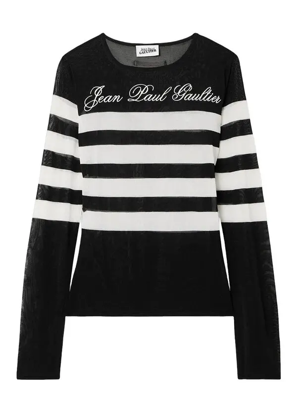 JEAN PAUL GAULTIER Marinière Embroidered Striped Mesh Top - Black