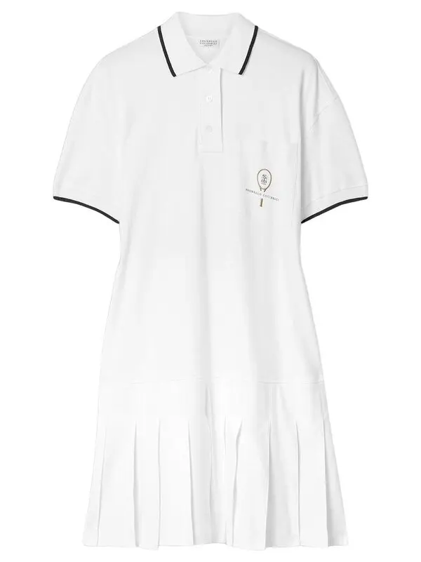 Brunello Cucinelli Tennis Pleated Embroidered Mini Dress - White