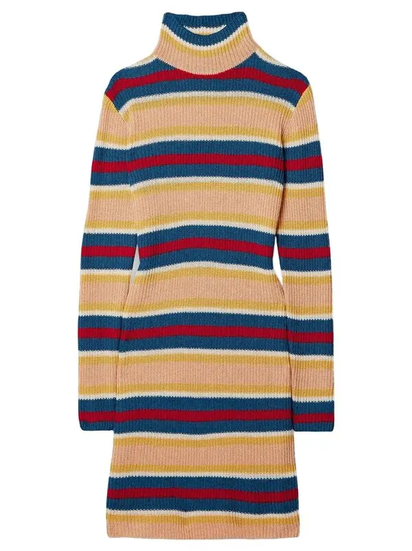 THE ELDER STATESMAN Striped Ribbed Cashmere Mini Dress - Beige