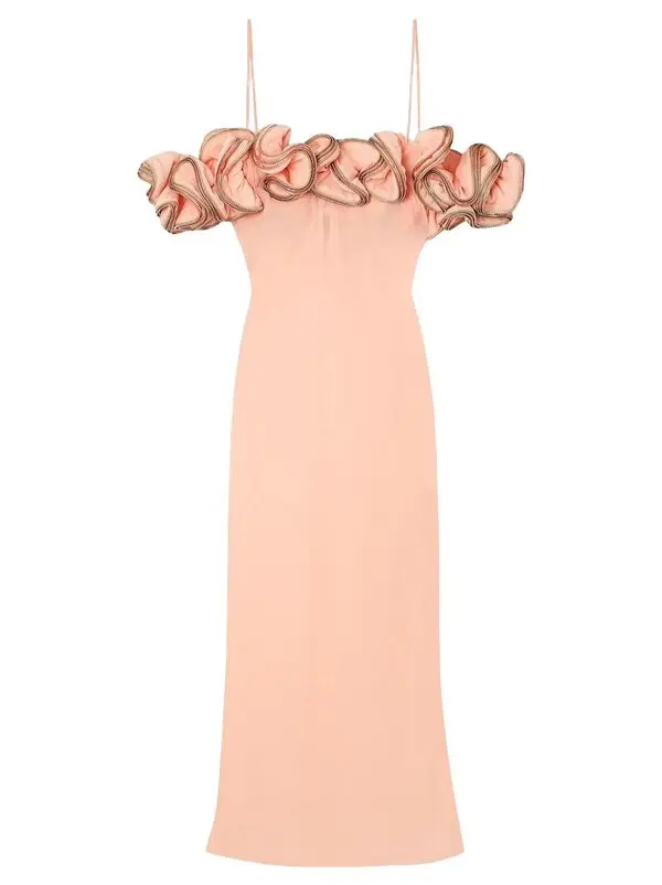 Coperni Off-the-shoulder Zip-embellished Ruffled Chiffon Midi Dress - Peach