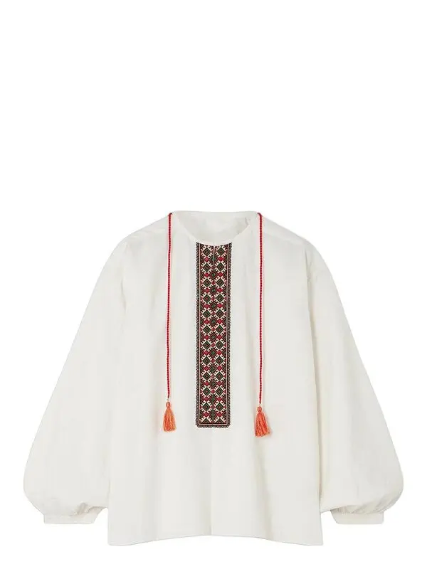 FORTELA Tasseled Embroidered Cotton Blouse - White