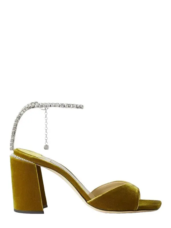 JIMMY CHOO Saeda 85 Crystal-embellished Velvet Sandals - Sage Green