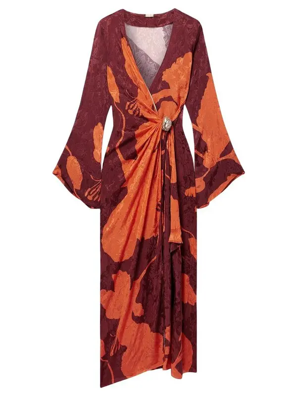 Johanna Ortiz Sanctuary For Dream Printed Satin-jacquard Midi Wrap Dress - Burgundy