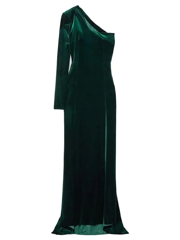 Galvan Rosie One-sleeve Stretch-velvet Gown - Dark Green