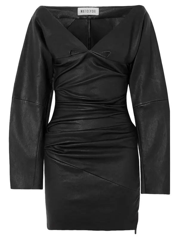 Maticevski Facets Ruched Leather Mini Dress - Black