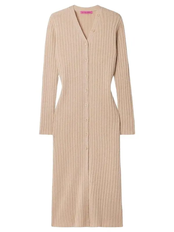 THE ELDER STATESMAN Ribbed Cashmere Midi Dress - Beige