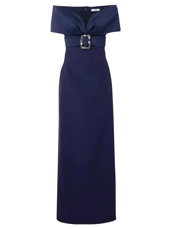 Safiyaa Off-the-shoulder Crystal-embellished Belted Crepe Gown - Navy