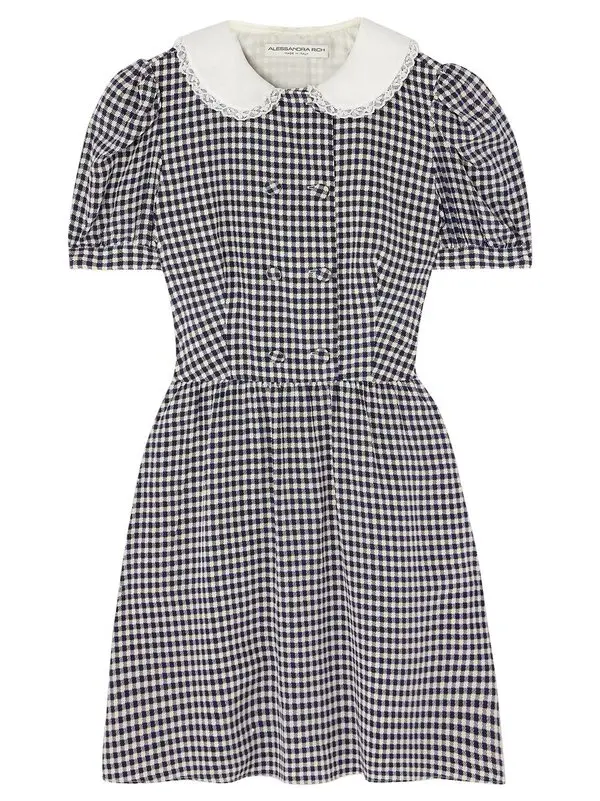 Alessandra Rich Lace-trimmed Gingham Silk-crepe Mini Dress - Navy