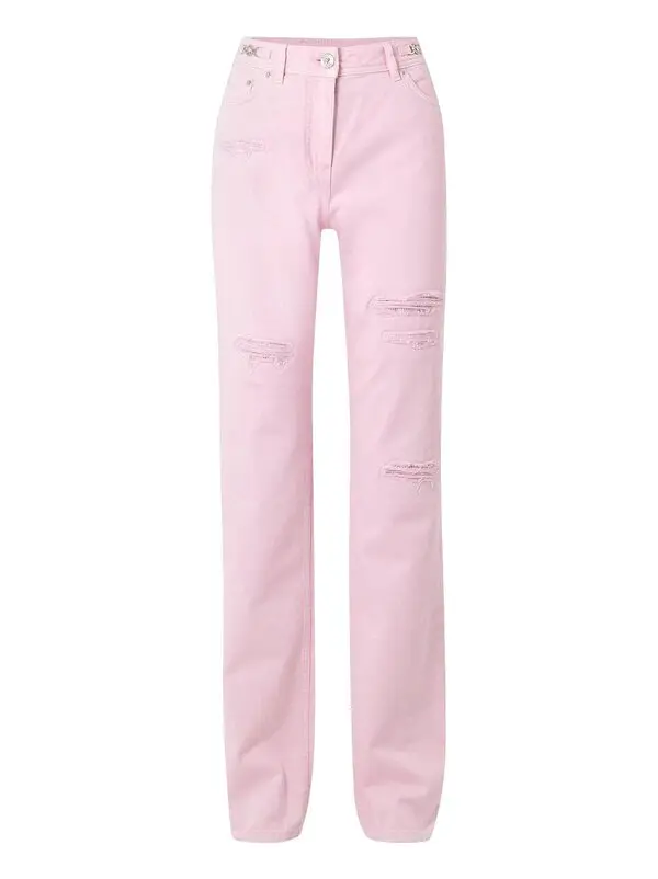 Versace Distressed Embellished Straight-leg Jeans - Baby Pink