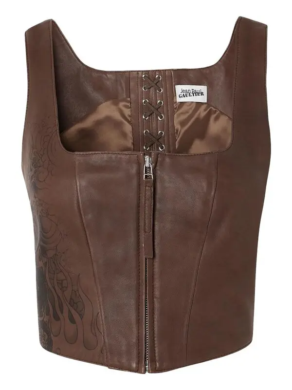 JEAN PAUL GAULTIER Printed Leather Bustier Top - Chocolate