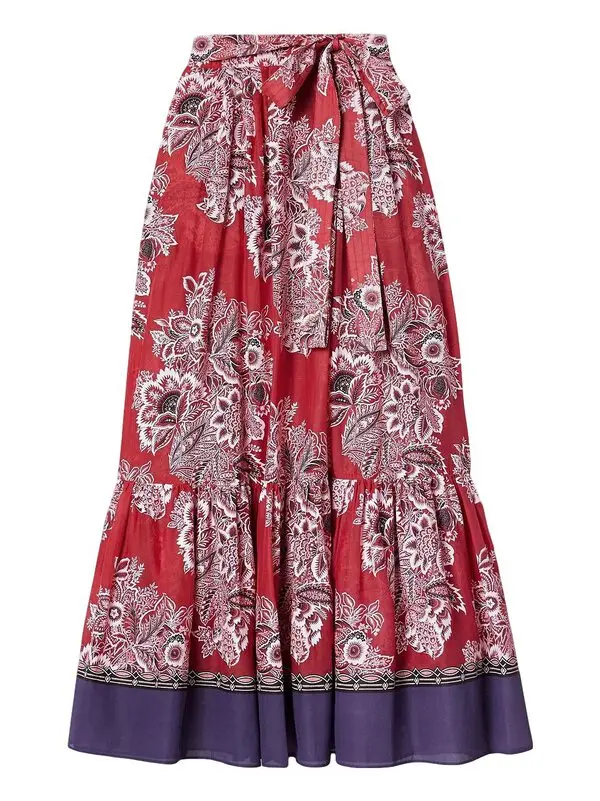 Etro Printed Cotton And Silk-blend Voile Belted Skirt - Red