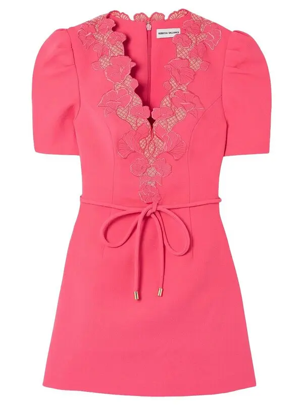 Rebecca Vallance Lulu Belted Lace-trimmed Cady Mini Dress - Bubblegum