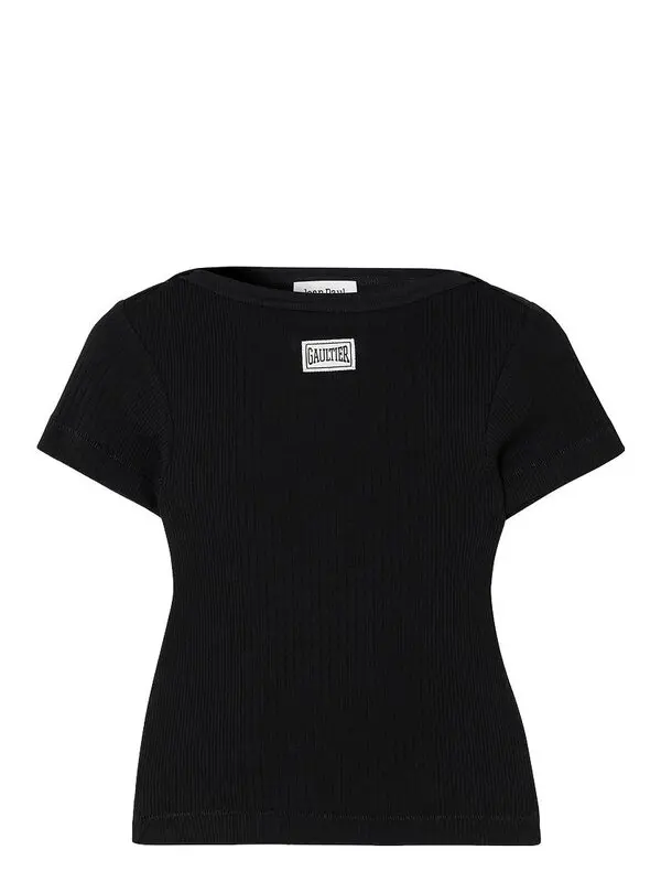 JEAN PAUL GAULTIER Cropped Appliquéd Ribbed T-shirt - Black