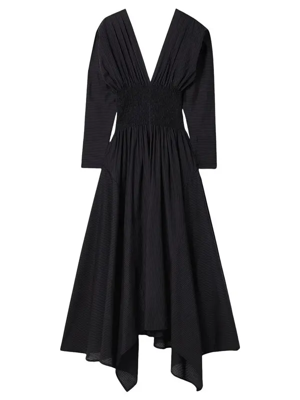 SALON 1884 Shirred Asymmetric Striped Cotton-poplin Maxi Dress - Black