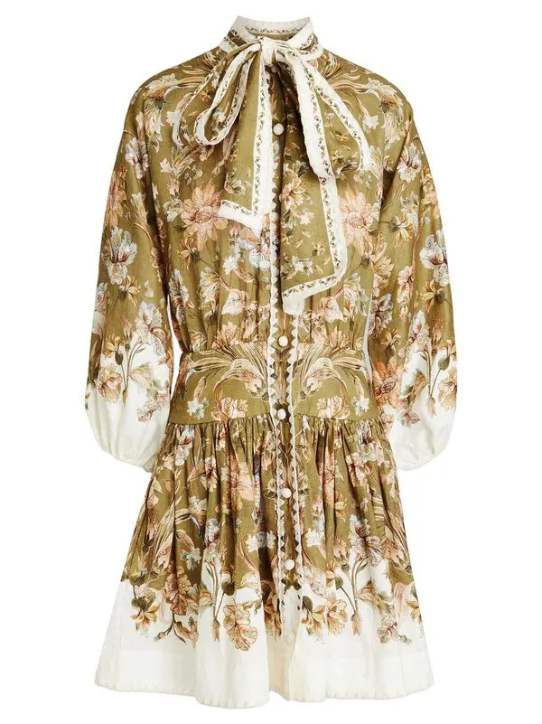 Zimmermann Floral-print Linen Mini Dress With Pussy-bow - Army Green