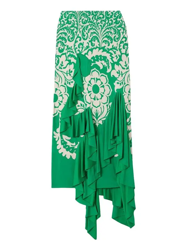 Etro Printed Stretch-cady Midi Skirt With Ruffle - Green