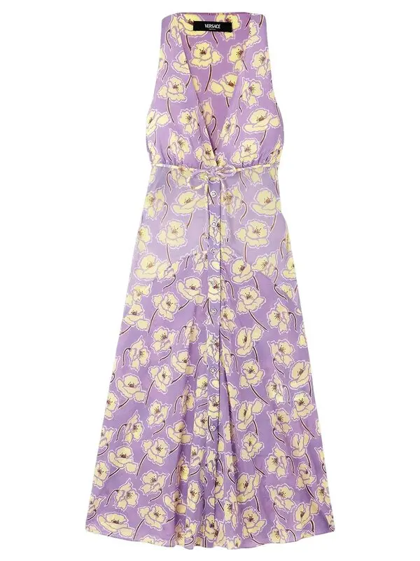 Versace Belted Floral-print Midi Dress - Lavender