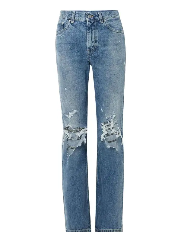 Stella McCartney Falabella Distressed Embellished Straight-leg Jeans - Mid Denim