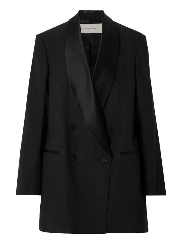 Dries Van Noten Double-breasted Linen, Cotton, And Silk-blend Blazer - Black